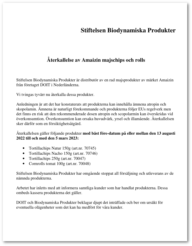 Återkallelse av Amaizin majschips och rolls, augusti 2022 ...